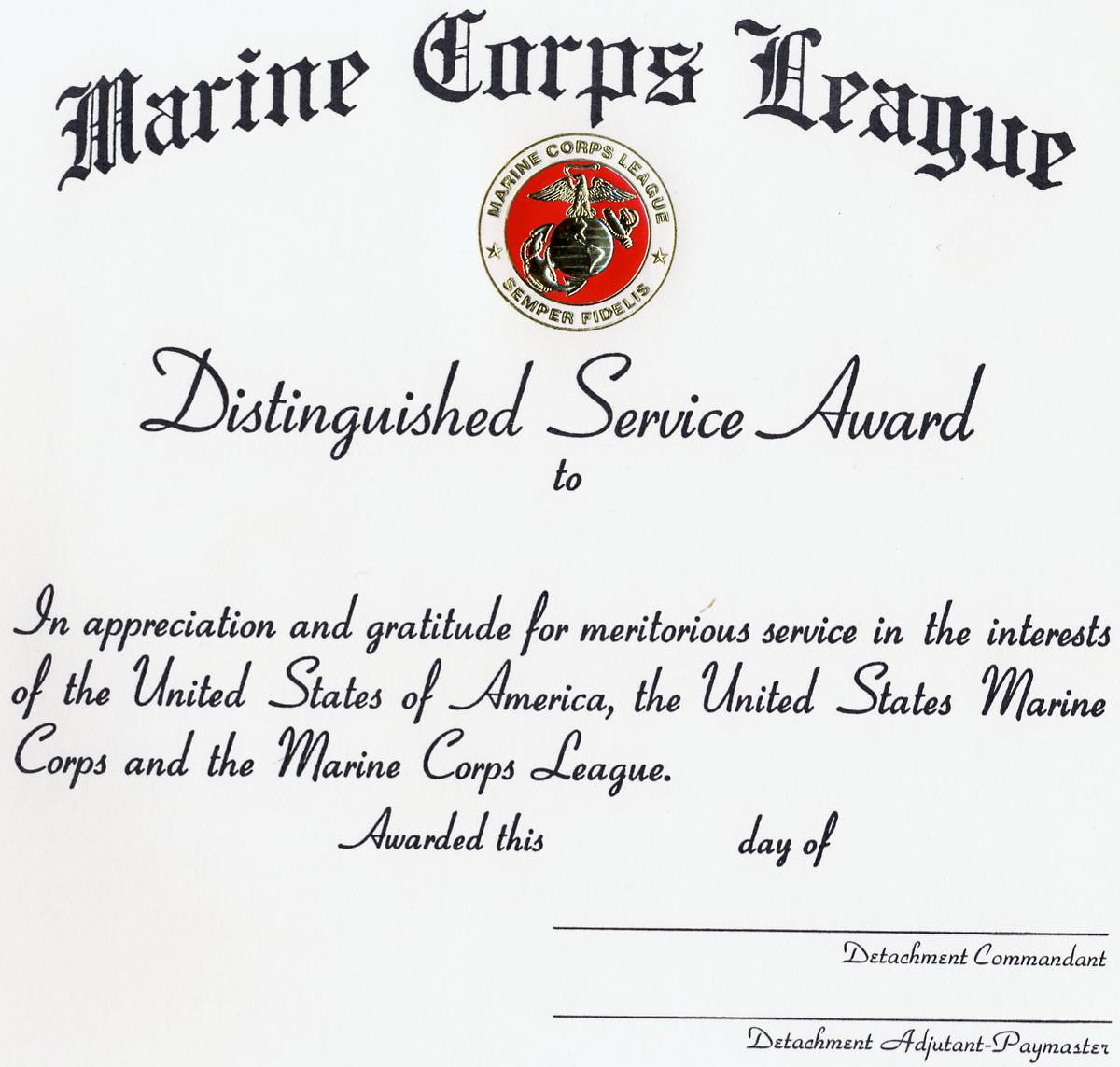 Certificate Distinguished Service Award Detachment Lettered – The ...